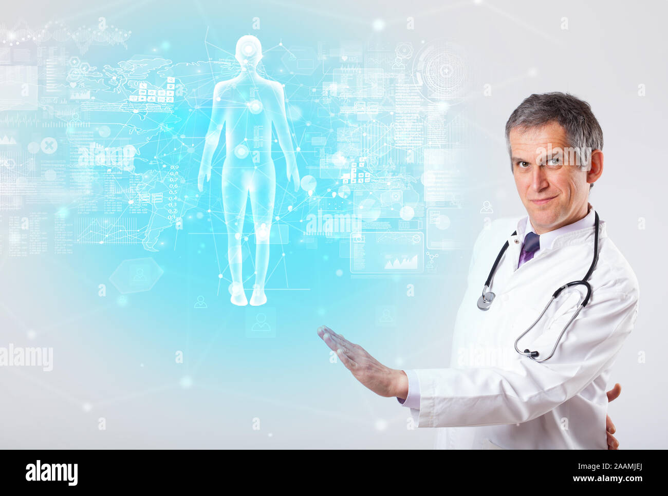 Middle aged scientist with full body map concept Stock Photo - Alamy