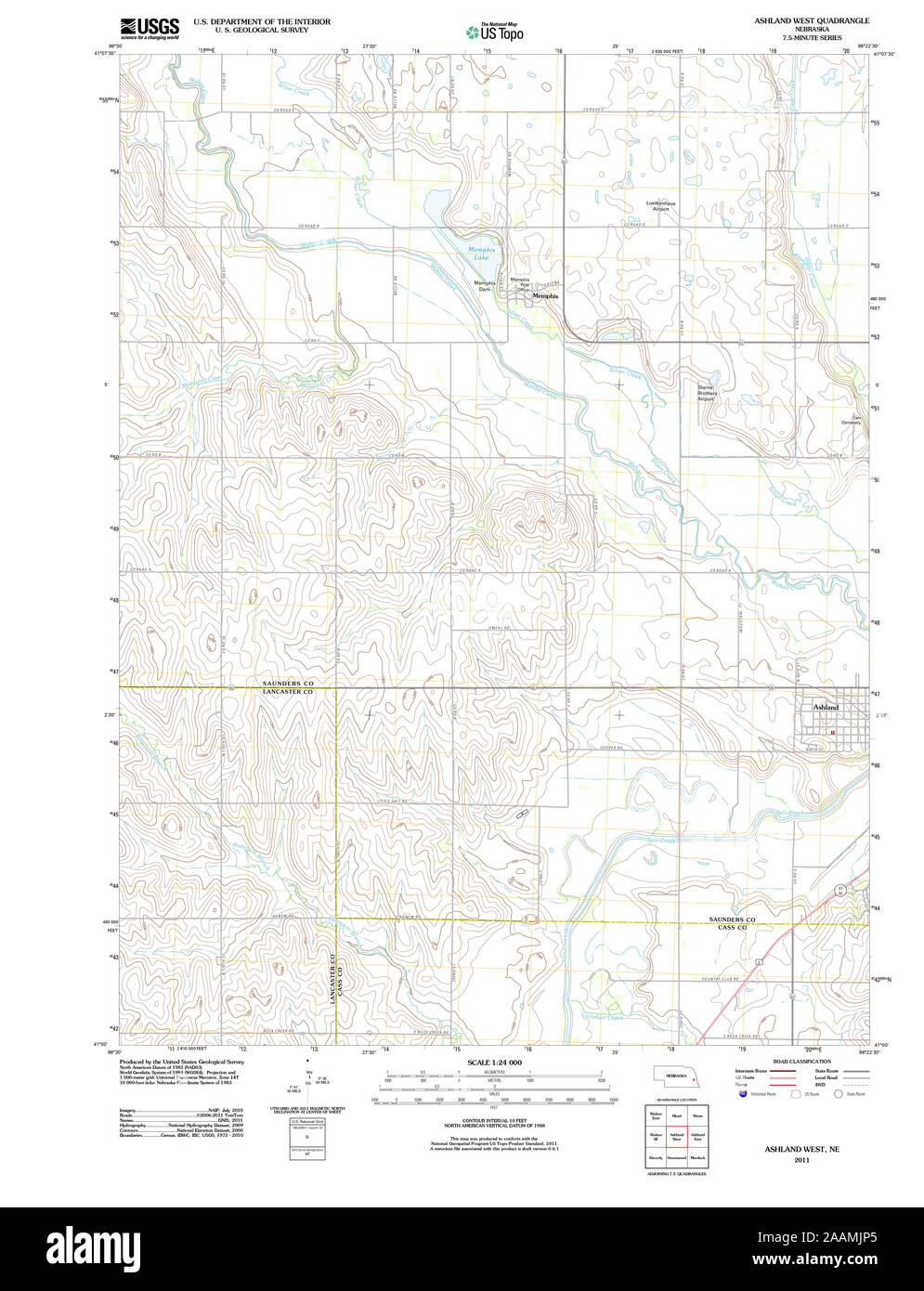 USGS TOPO Map Nebraska NE Ashland West 20111109 TM Restoration Stock ...