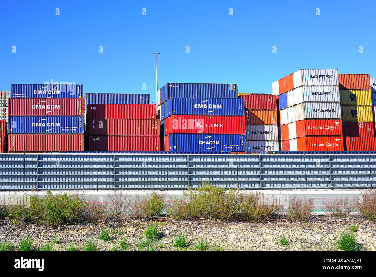 FREMANTLE, AUSTRALIA -3 JUL 2019- View of stacks of shipping containers ...