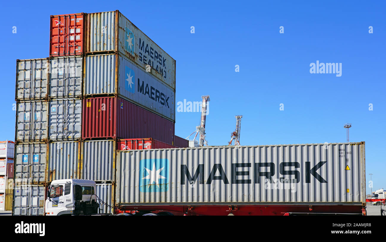 FREMANTLE, AUSTRALIA -3 JUL 2019- View of stacks of shipping containers ...