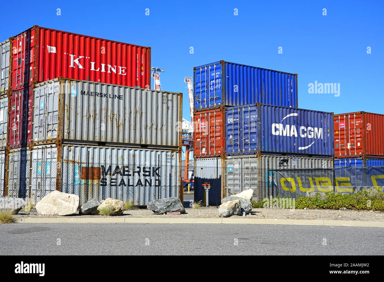 FREMANTLE, AUSTRALIA -3 JUL 2019- View of stacks of shipping containers ...