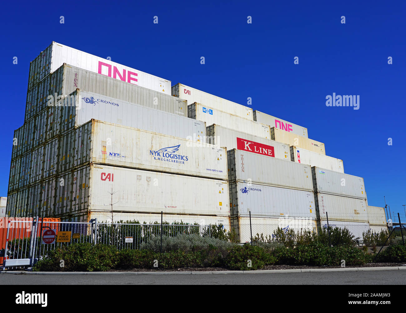 FREMANTLE, AUSTRALIA -3 JUL 2019- View of stacks of shipping containers ...
