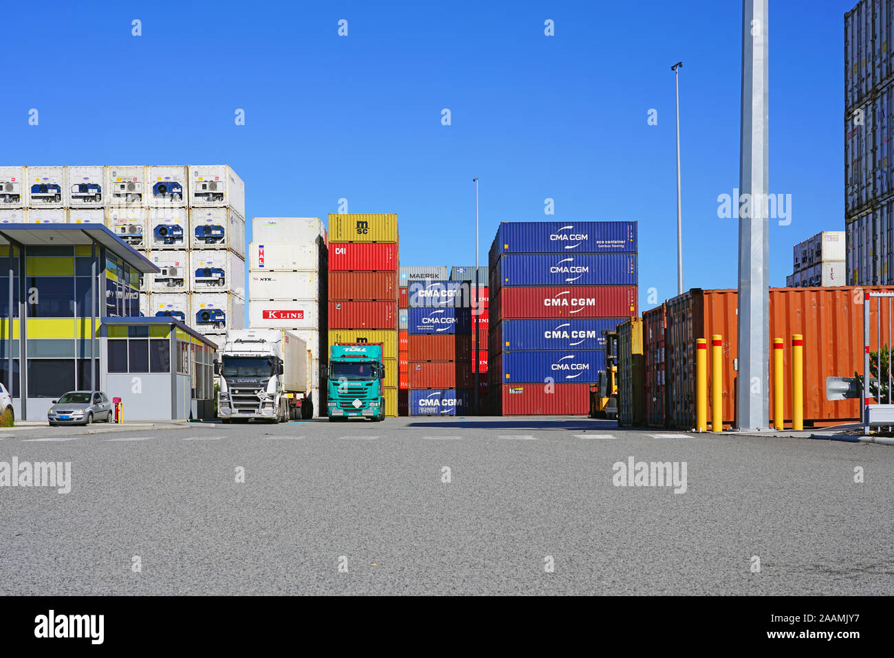 FREMANTLE, AUSTRALIA -3 JUL 2019- View of stacks of shipping containers ...