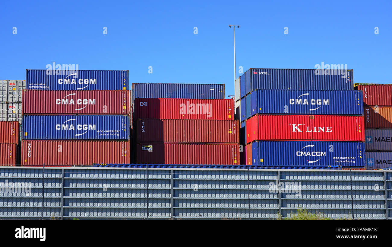 FREMANTLE, AUSTRALIA -3 JUL 2019- View of stacks of shipping containers ...
