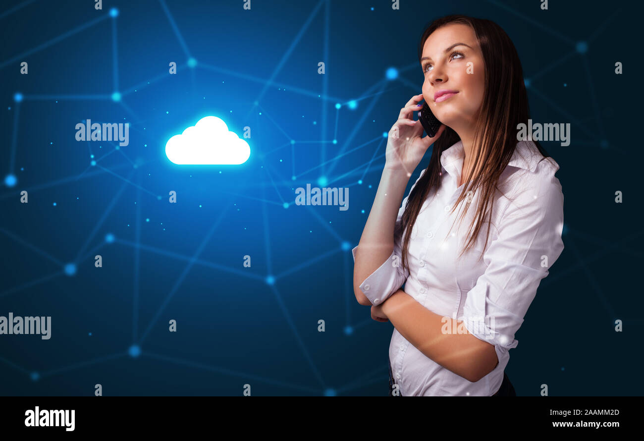 Person talking on the phone with blue cloud technology concept Stock ...