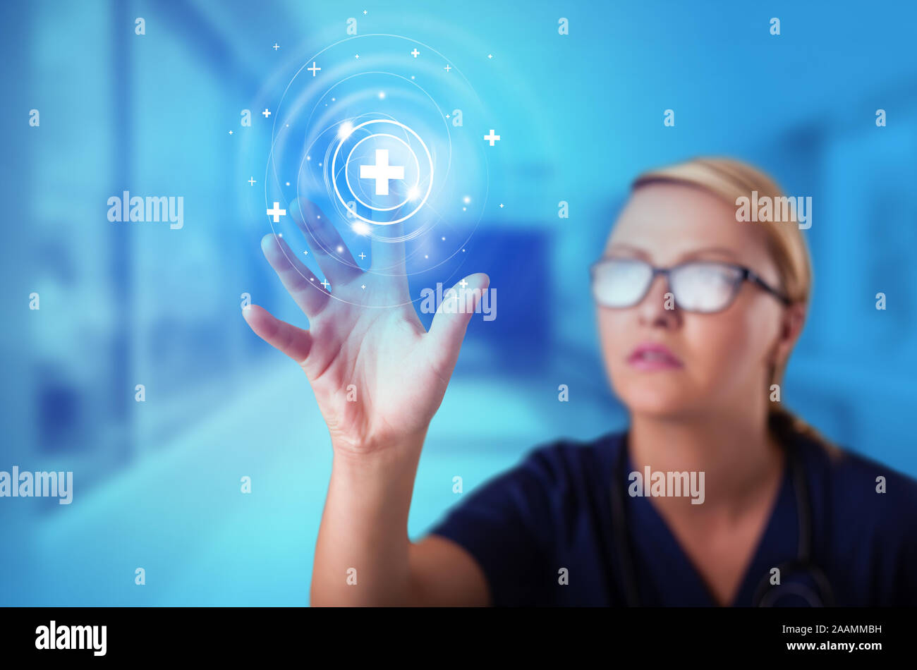 Doctor touching blue screen with call center concept Stock Photo - Alamy