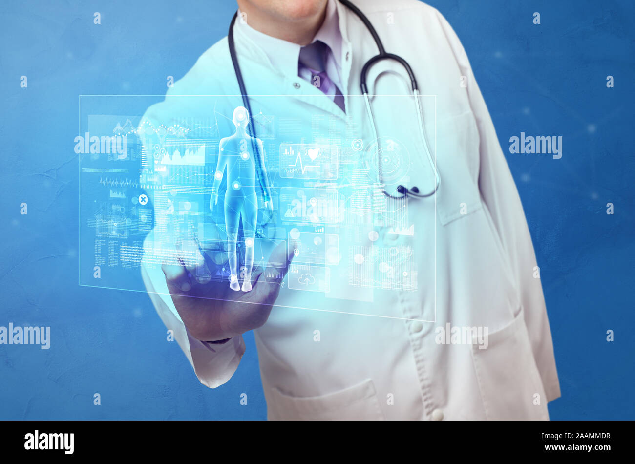 Doctor touching blue screen with full body analyze concept Stock Photo ...