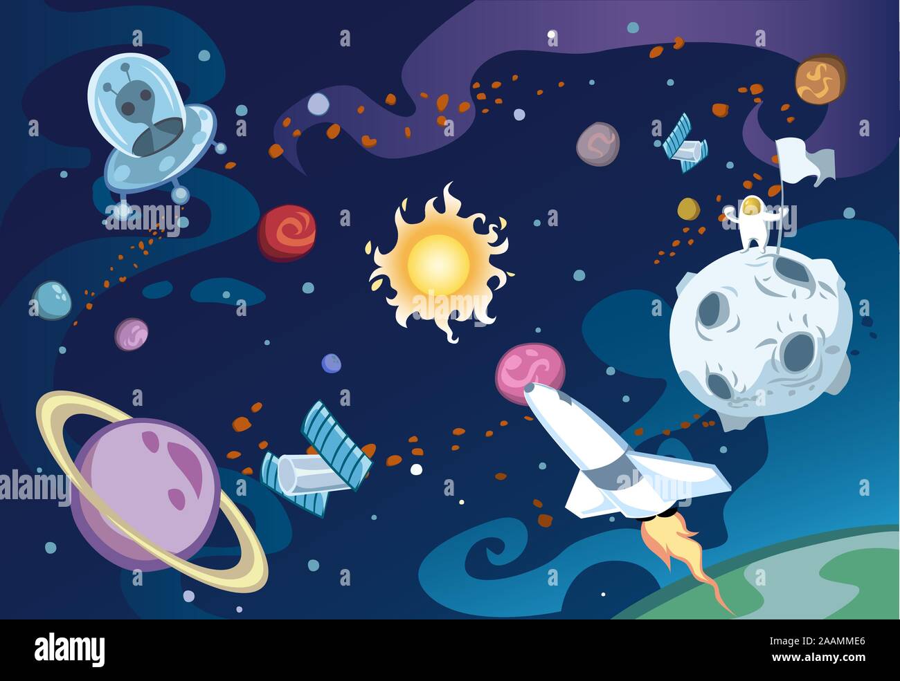 Cartoon galaxy scene featuring spaceship, aliens, sun and the solar ...