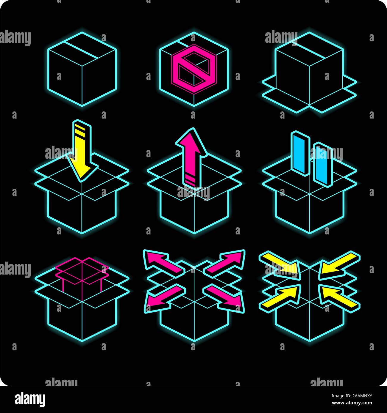 Box neon light icons, with direction arrows: up, down, left and right ...