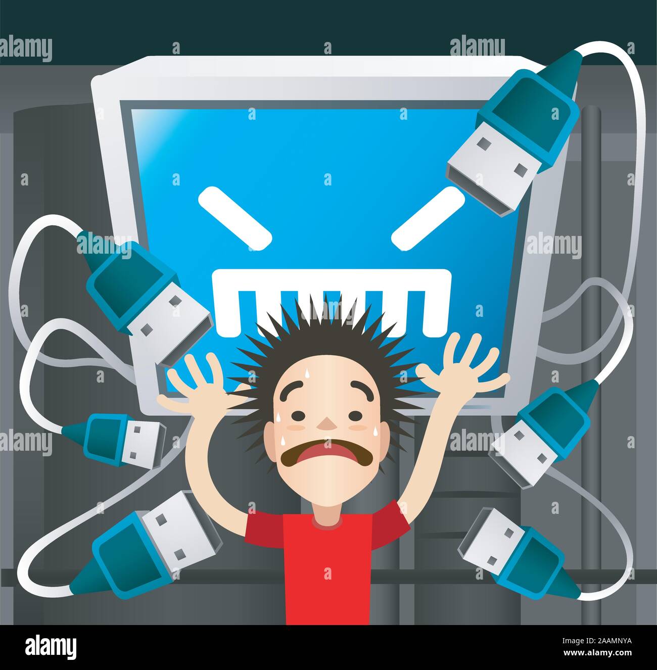 A pc USB cables trying to plug in on a scared boy, shouting in panic ...