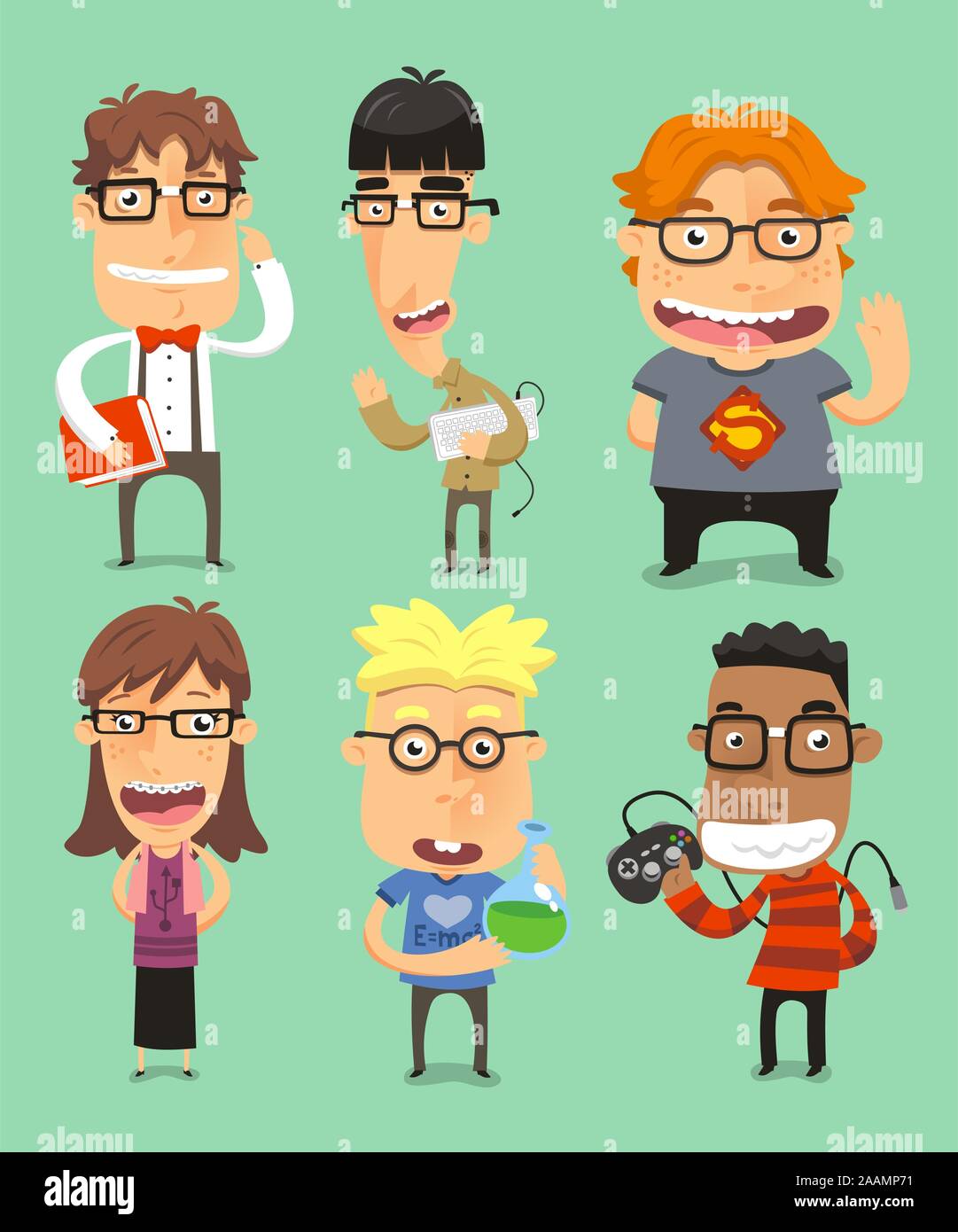 Set of six different nerds in geek situations, with book, computer ...