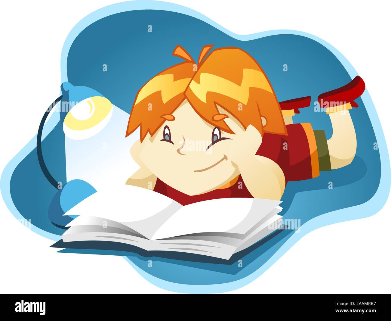 Boy reading a book at night vector cartoon illustration Stock Vector ...