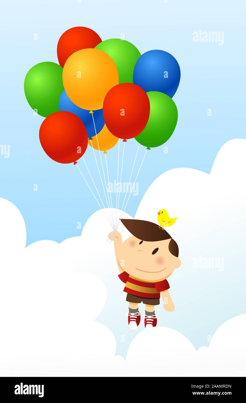 Boy flying by hold a bunch of balloons Stock Vector Image & Art - Alamy