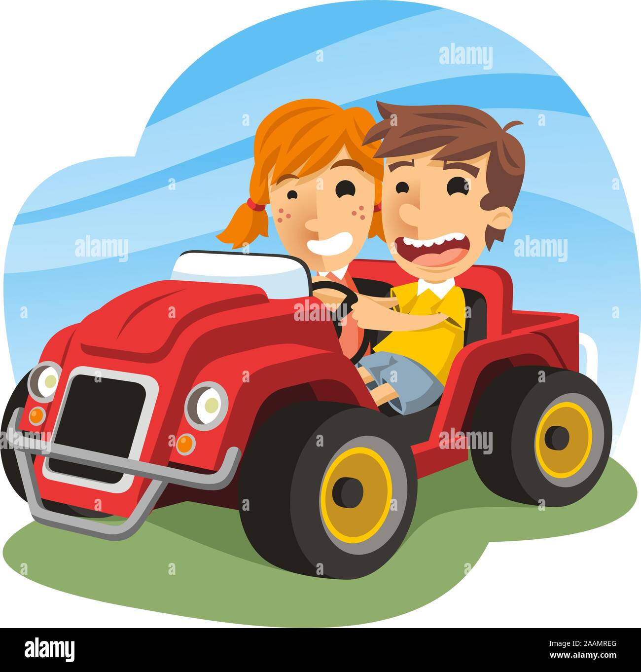 Children driving toy carm with a little boy and a little girl smiling ...