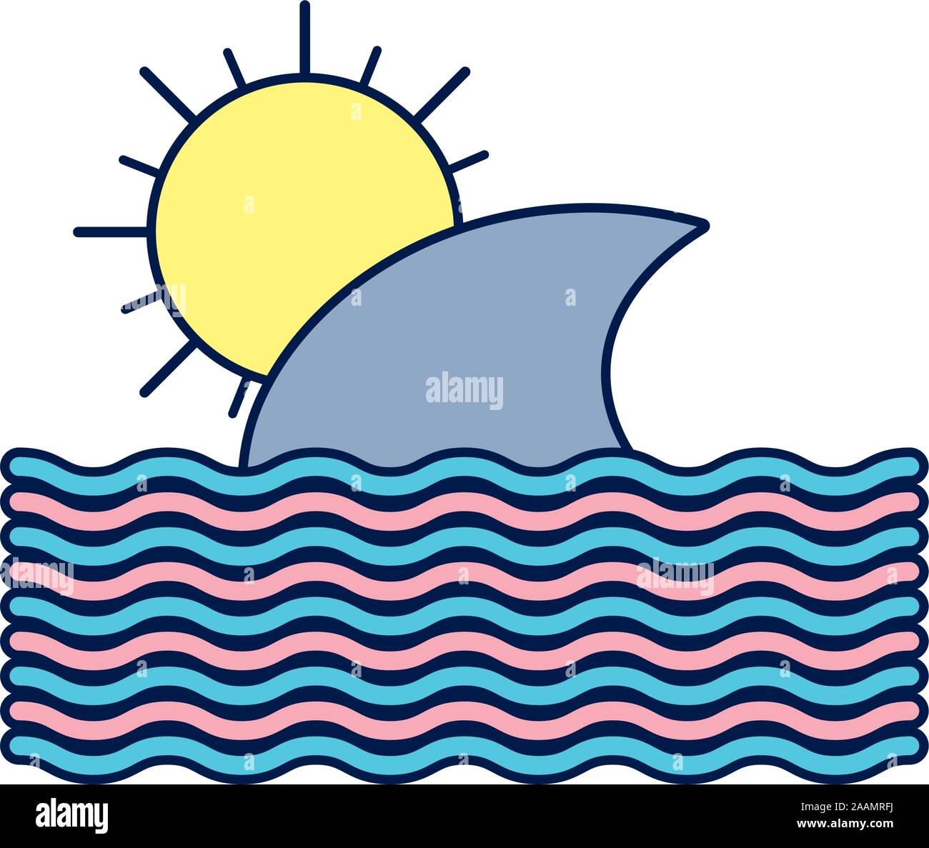summer ocean with shark fin and sun detailed style vector illustration ...