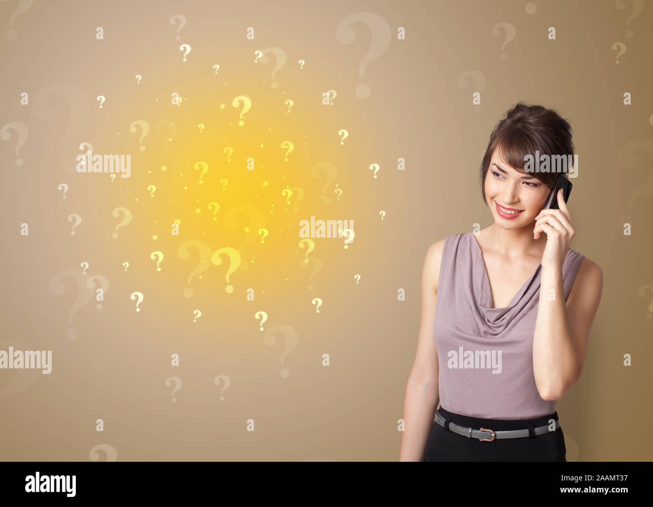 Young person presenting something with question sign concept Stock ...