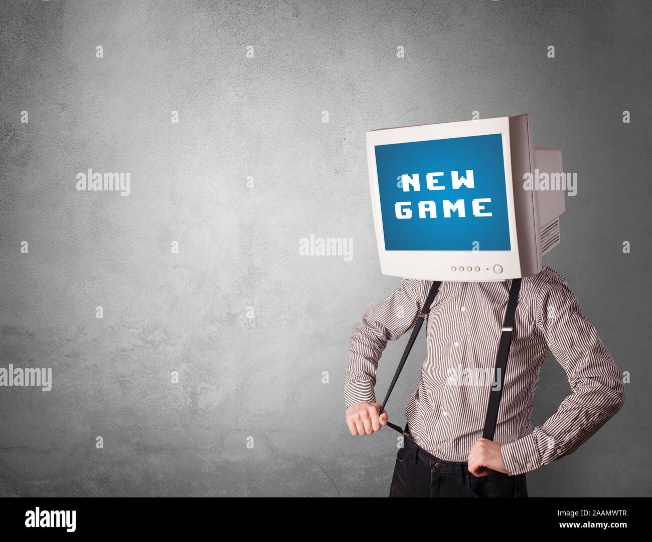 Young person with monitor head, gaming concept Stock Photo - Alamy