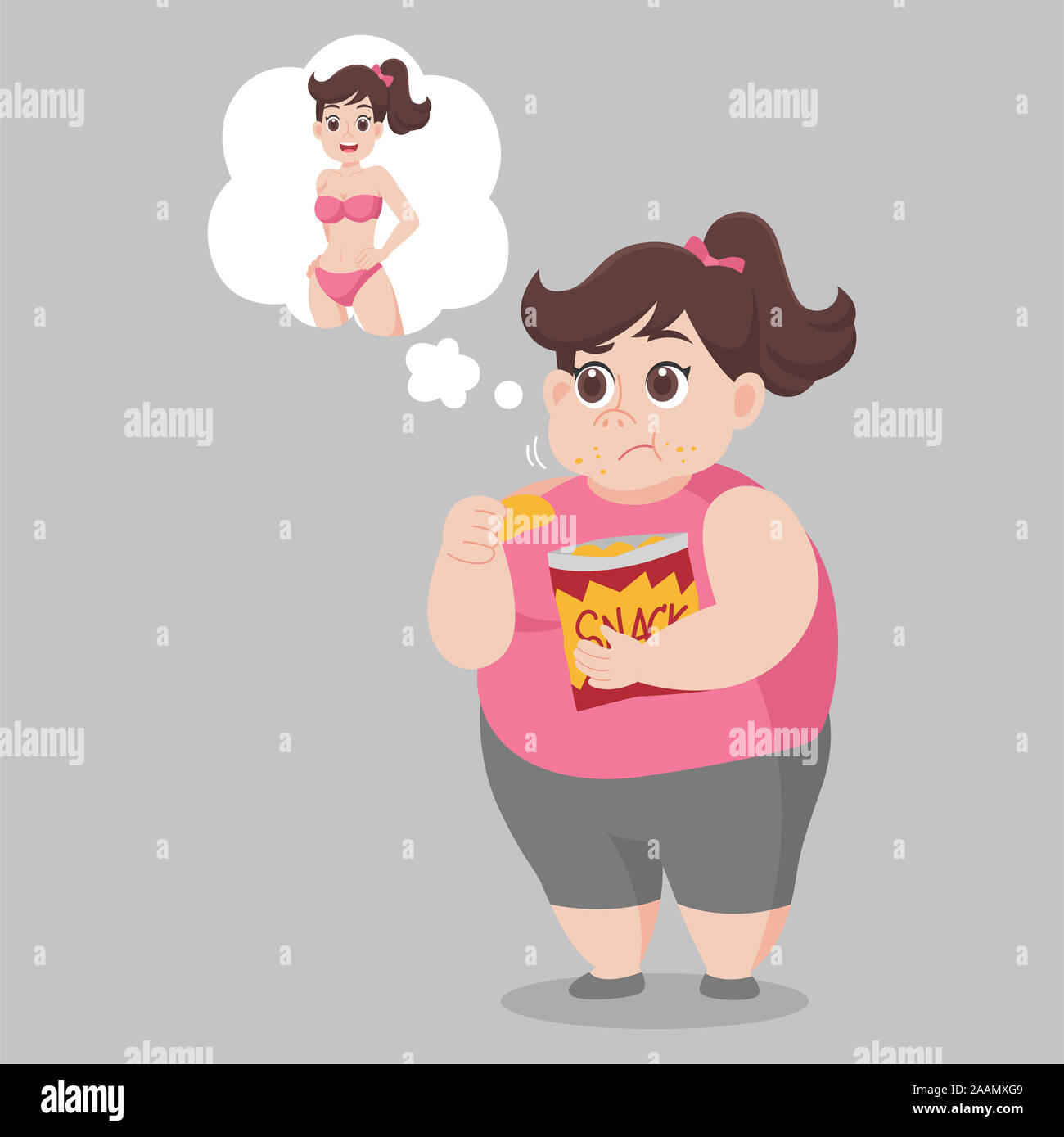 Big Fat woman eating snack and hope to be a slender woman, lose weight ...