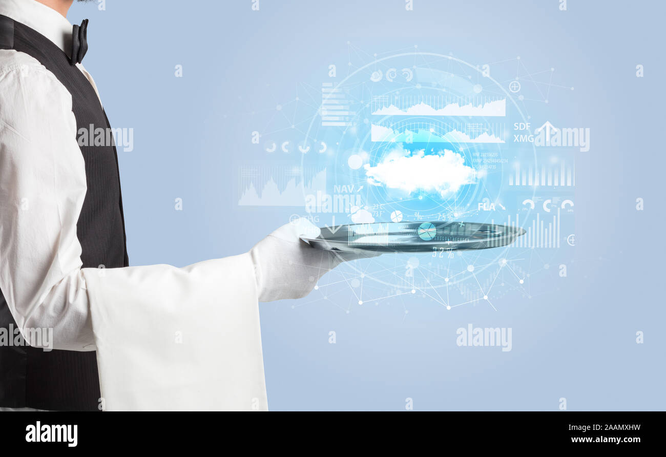 Elegant young waiter serving cloud technology concept Stock Photo - Alamy
