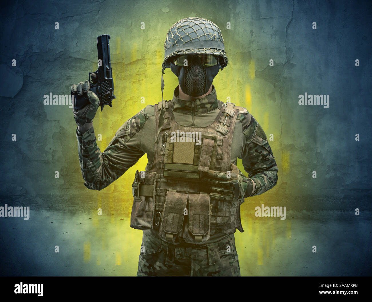 Hazard, menace soldier in a ruined crumbly building with arms on his ...