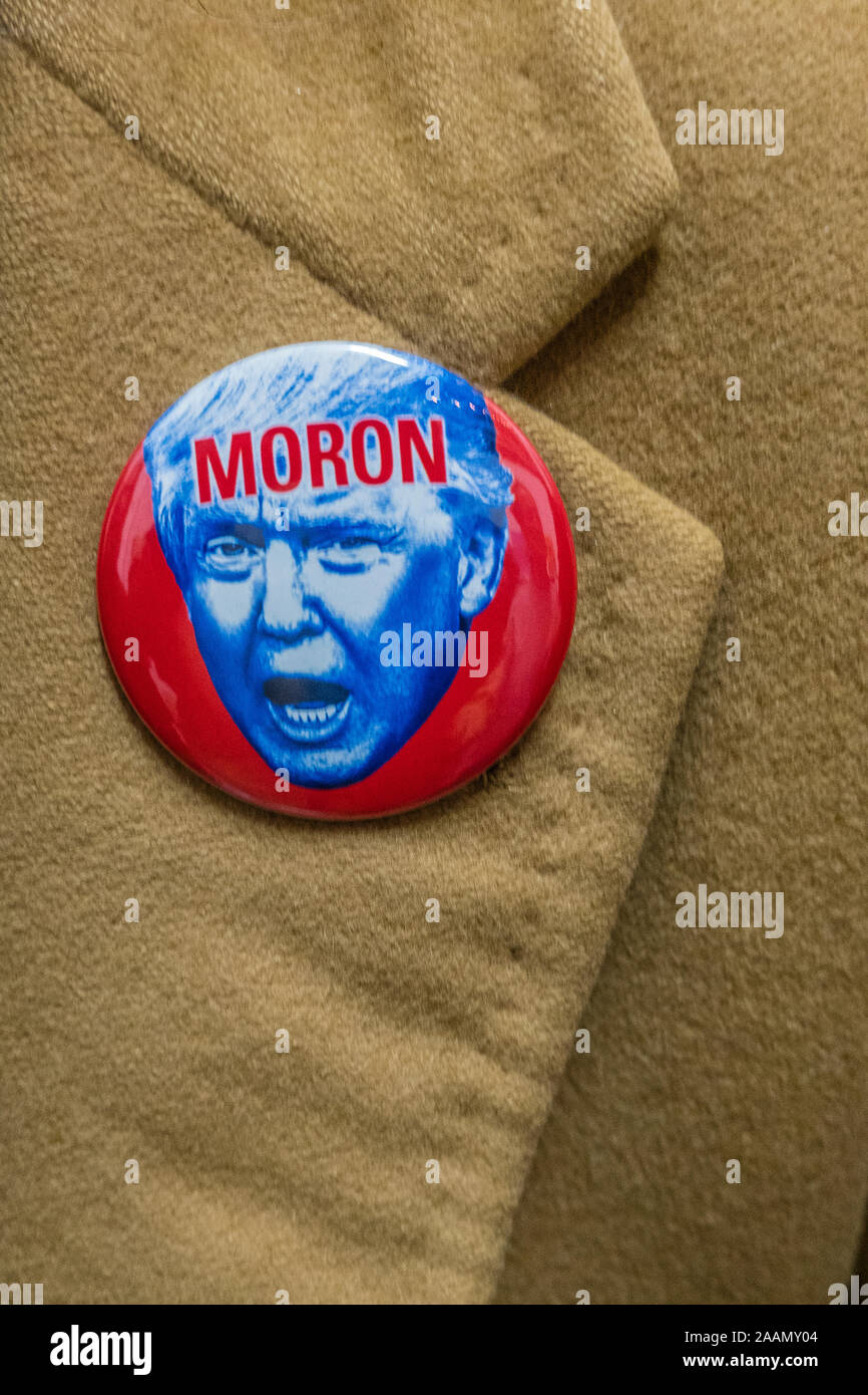 An anti-Trump button with the word "Moron" across his face on a camel's ...