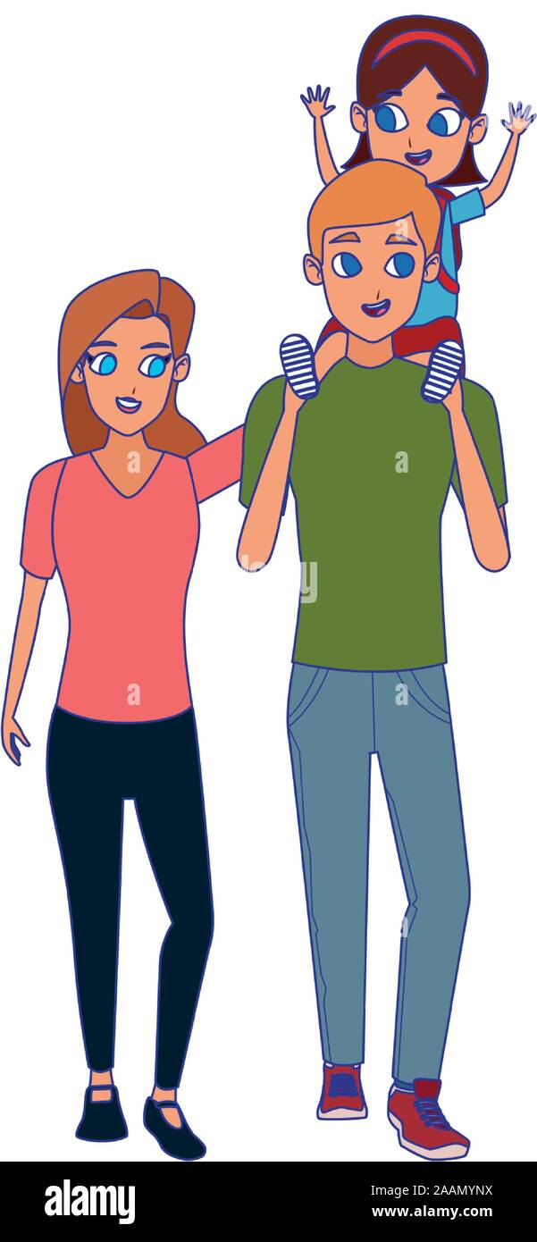 cartoon woman and man carrying his little daughter on shoulders Stock ...