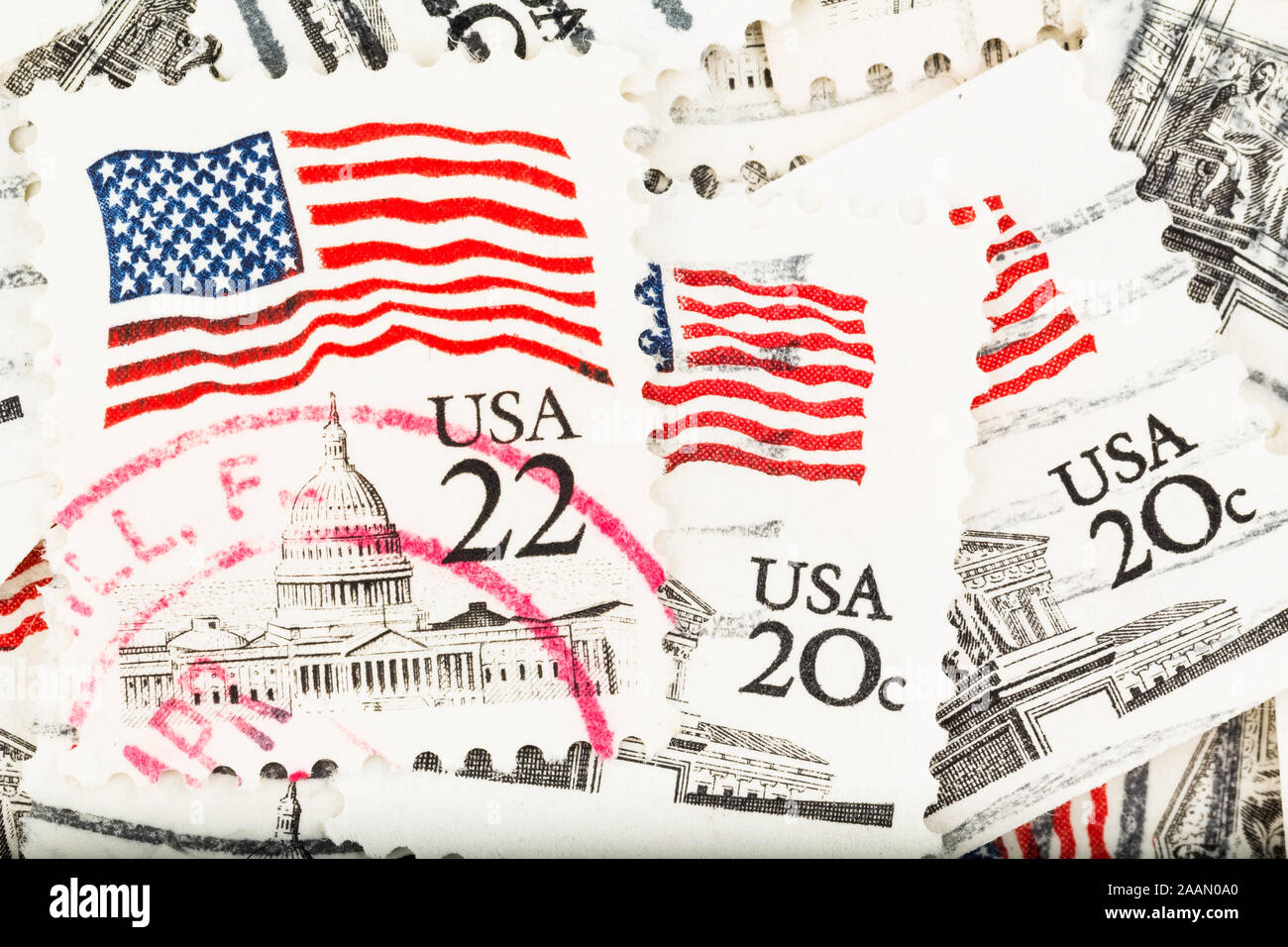 Close up of 22c stamp featuring USA flag flying over Capital Building ...