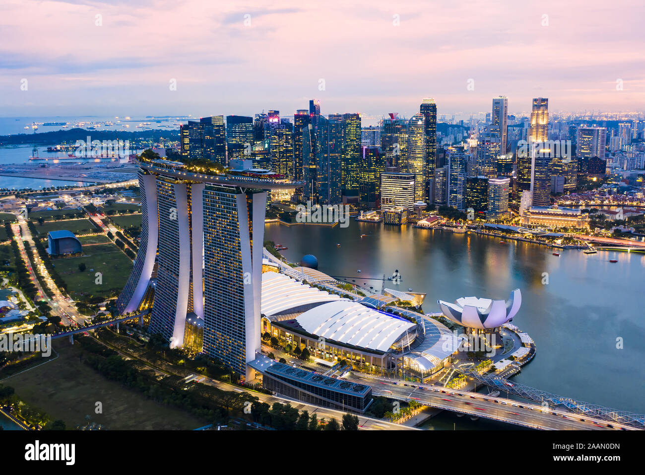 View from above, stunning aerial view of the illuminated skyline of ...