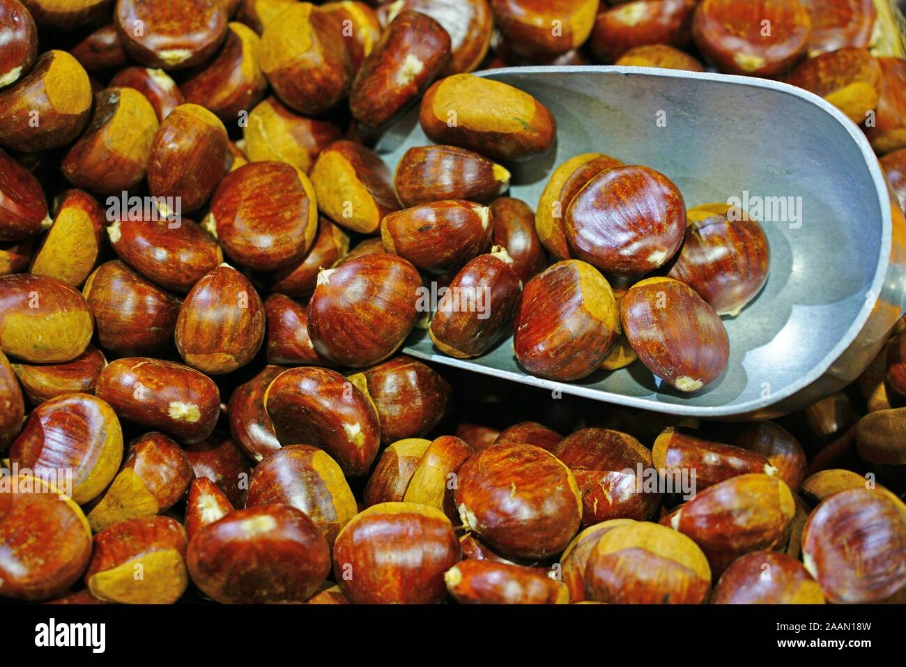 Fresh chestnuts in the shell at a farmers market Stock Photo - Alamy