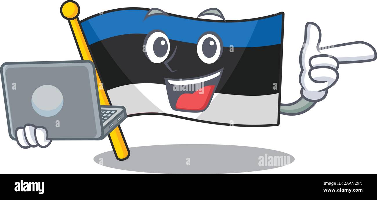 Happy smiling flag estonia cartoon character working With laptop Stock ...