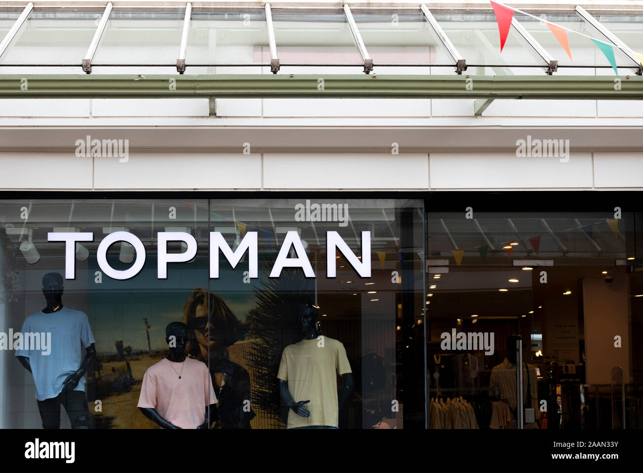 Topman mens high street fashion store sign and window display, part of ...