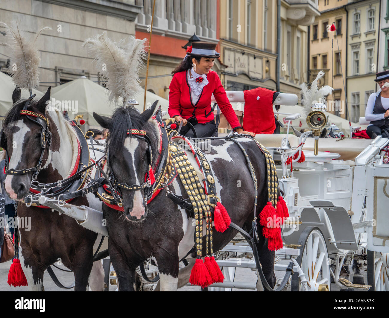 coachwoman and her horse-drawn fiaker carriage awaiting fares on the ...
