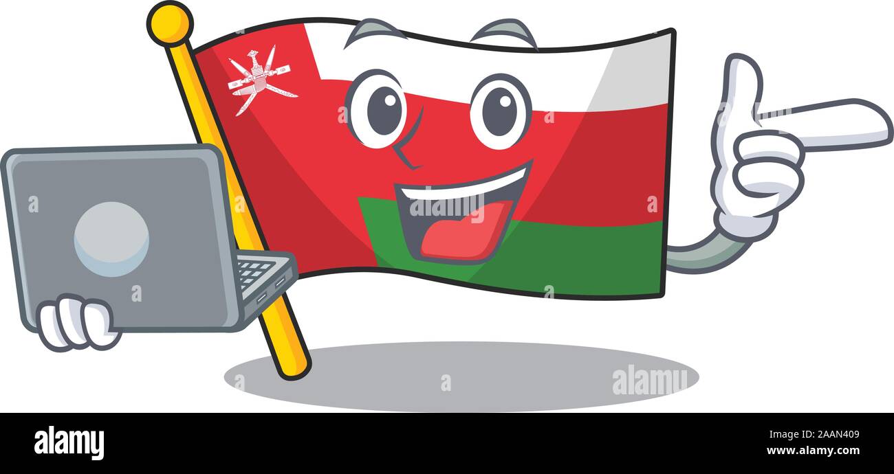 Happy smiling flag oman cartoon character working With laptop Stock ...