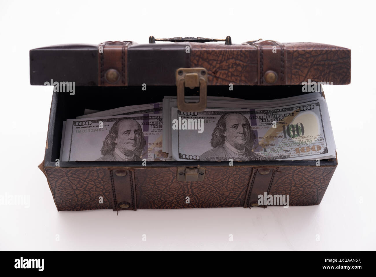 vintage open chest with lots of money dollar bills. Concept of wealth ...