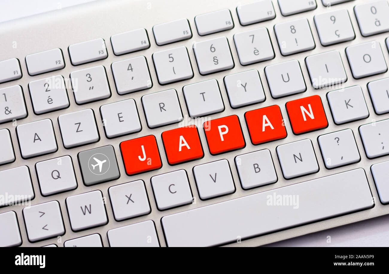 JAPAN writing on white keyboard with a aircraft sketch Stock Photo - Alamy