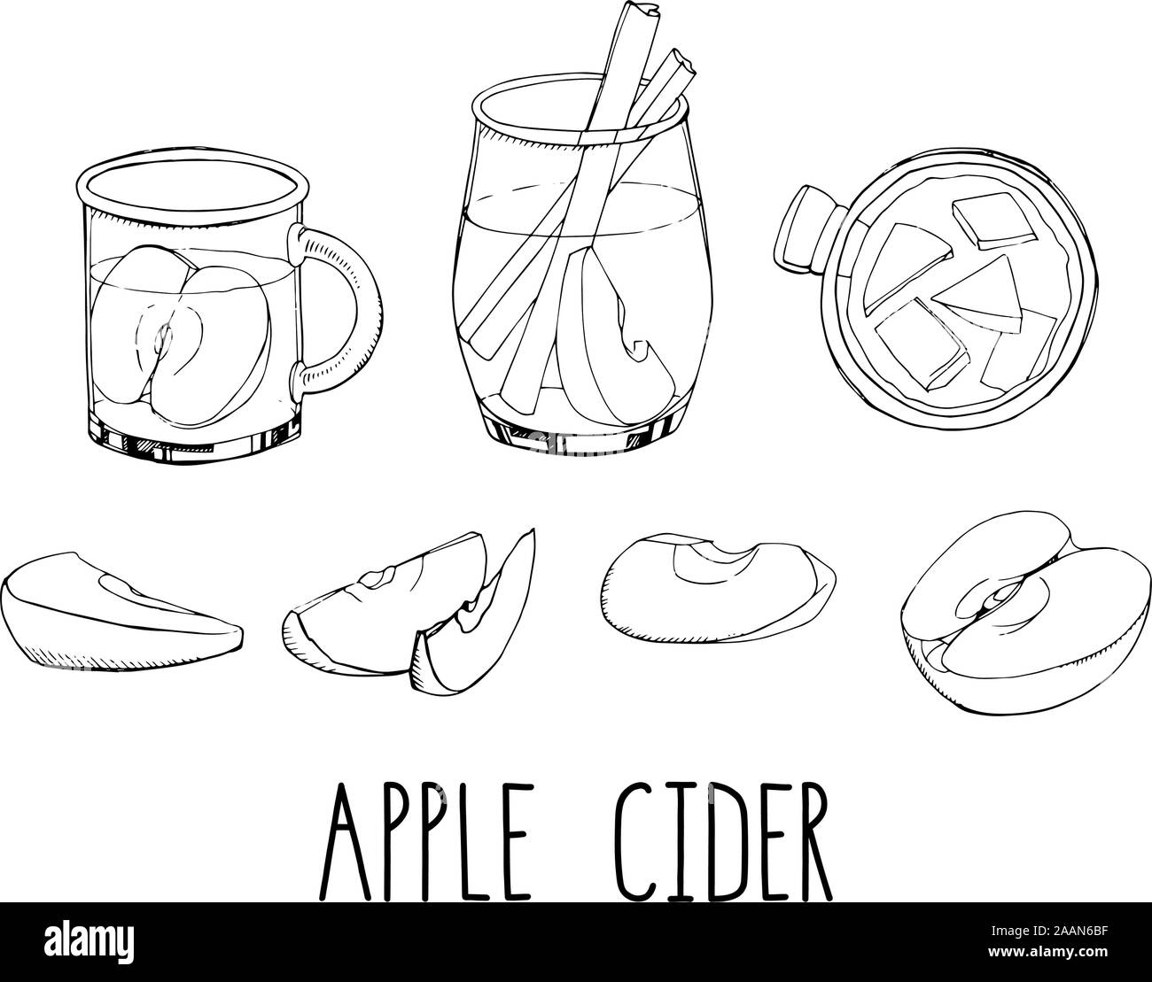 Set of hand drawn vector elements isolated on white. Apple cider with ...