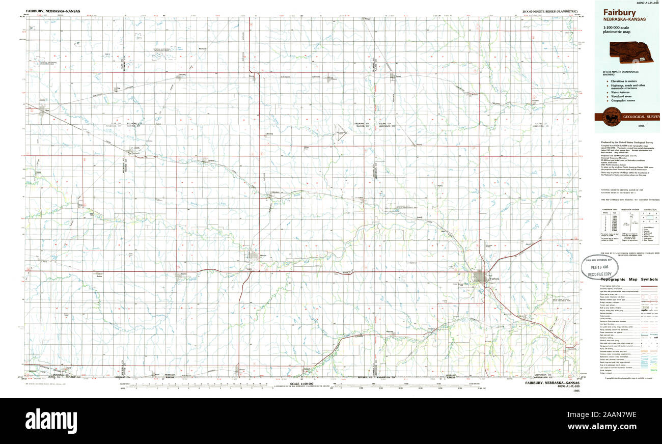 USGS TOPO Map Nebraska NE Fairbury 317722 1985 100000 Restoration Stock ...
