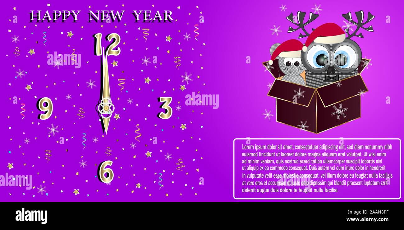 Happy new year greeting card with owl and mouse. vector illustration ...