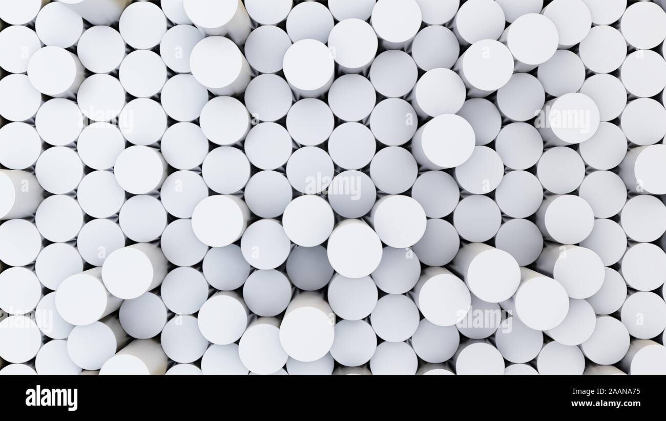 Abstract 3D illustration of white cylinders background. Random displacement. Good background ...