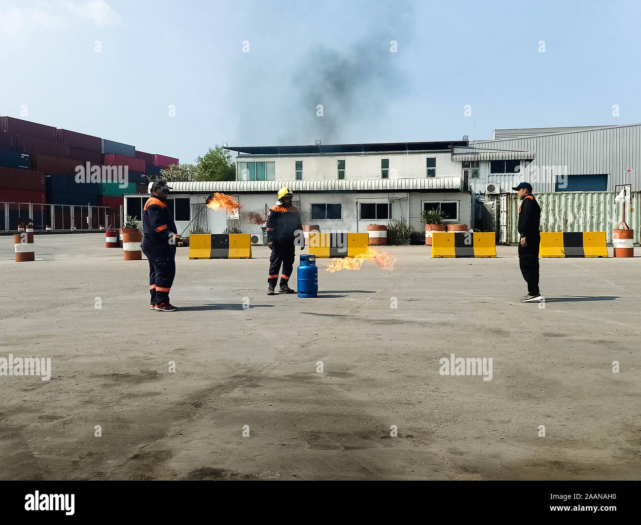 Firefighters come to teach and practice fire fighting for company ...