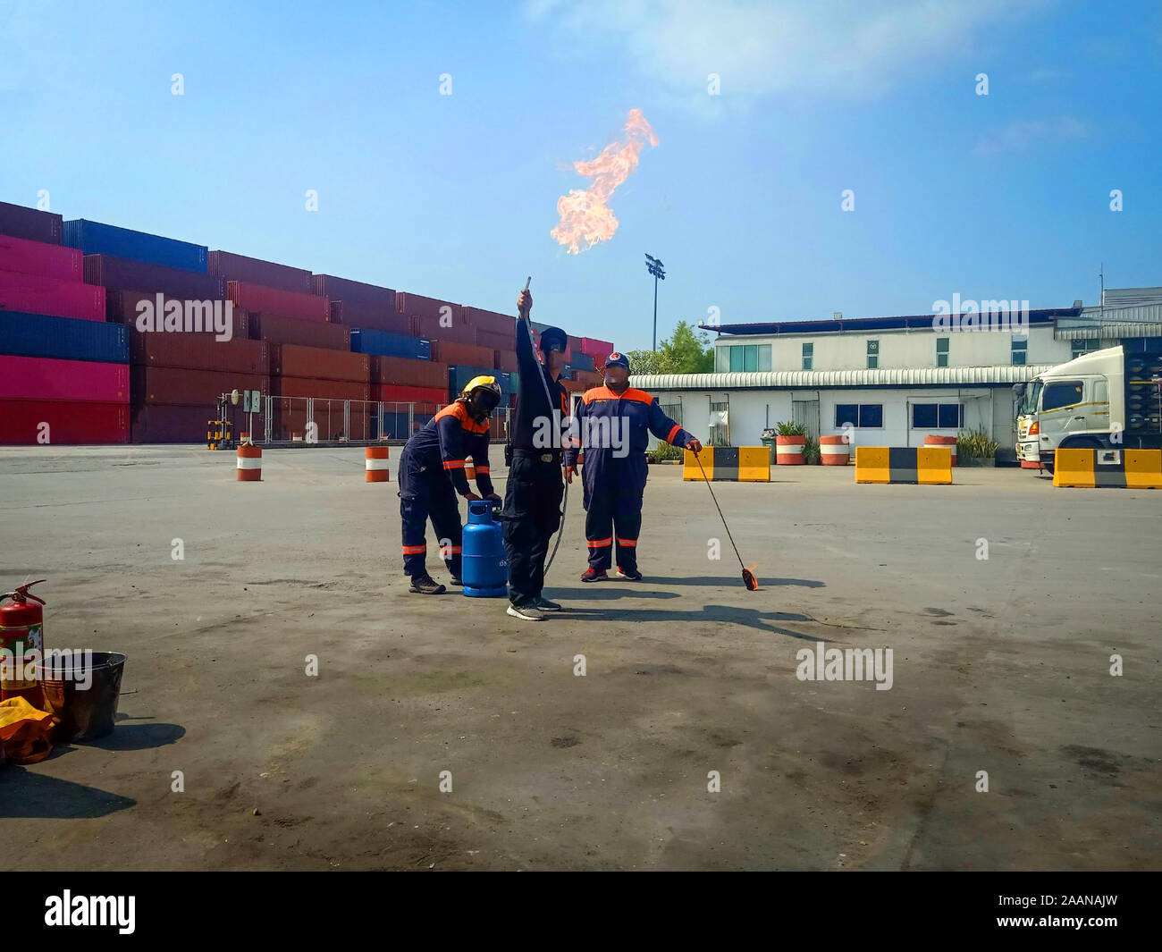 Firefighters come to teach and practice fire fighting for company ...