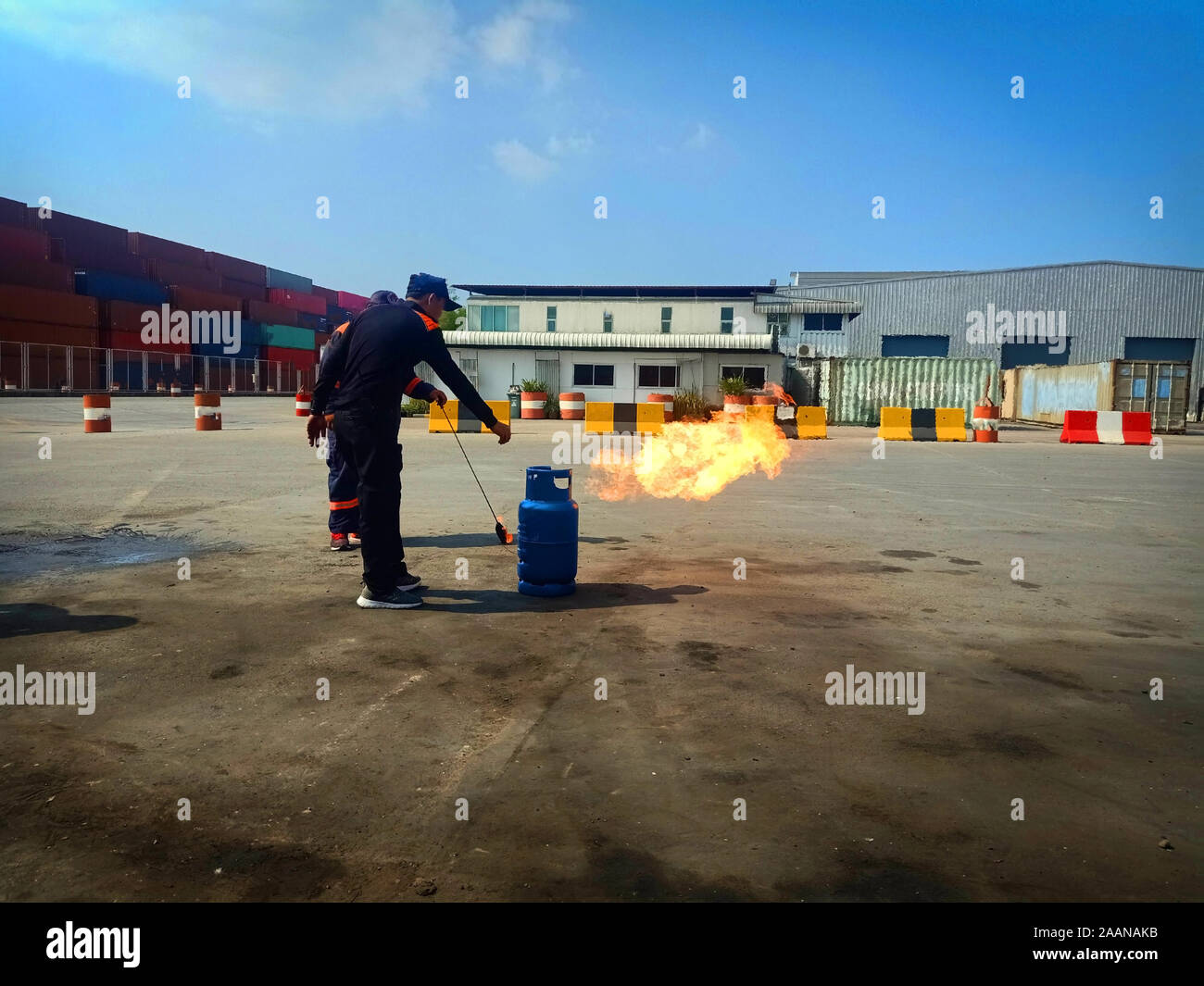 Firefighters come to teach and practice fire fighting for company ...