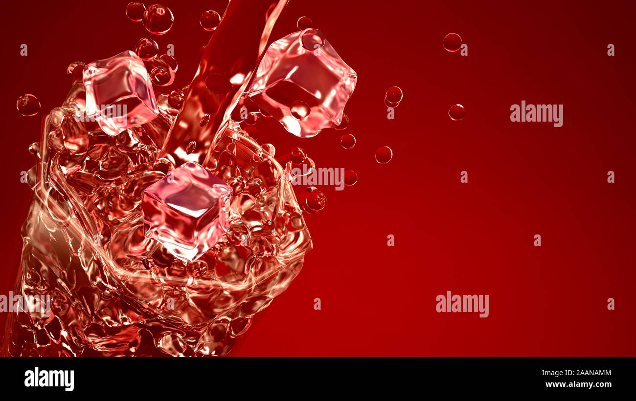 Splash cold water in a glass, red background, 3d rendering, 3d ...