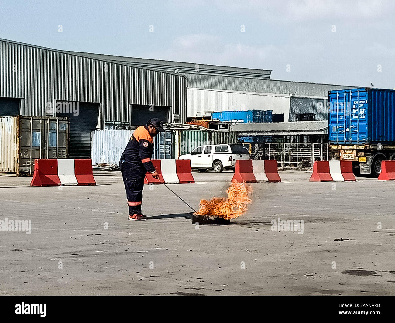 Firefighters come to teach and practice fire fighting for company ...