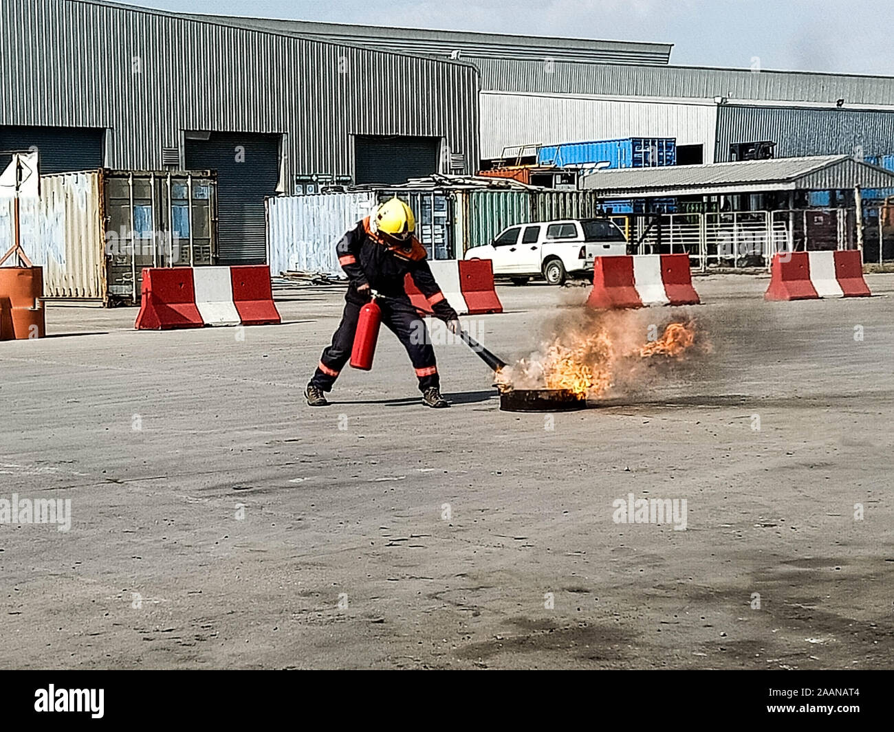 Firefighters come to teach and practice fire fighting for company ...