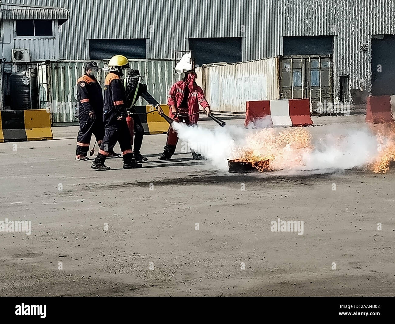 Firefighters come to teach and practice fire fighting for company ...