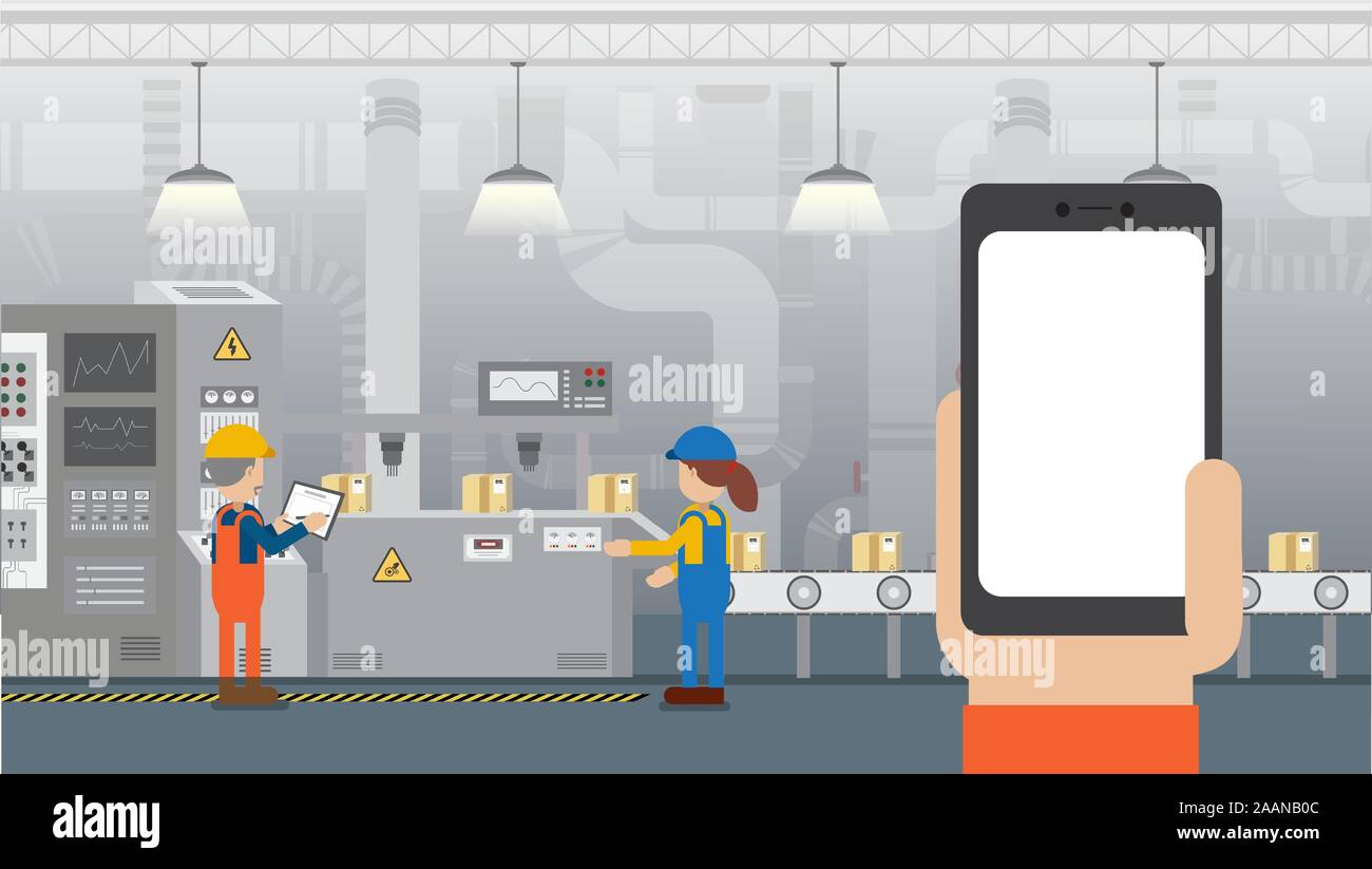 Hand hold empty screen mobile phone in factory with workers flat design ...