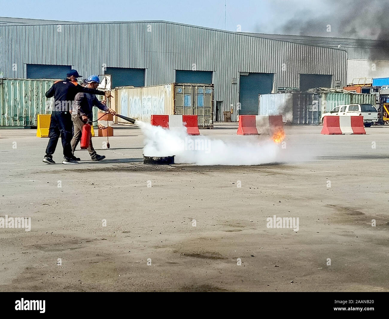 Firefighters come to teach and practice fire fighting for company ...