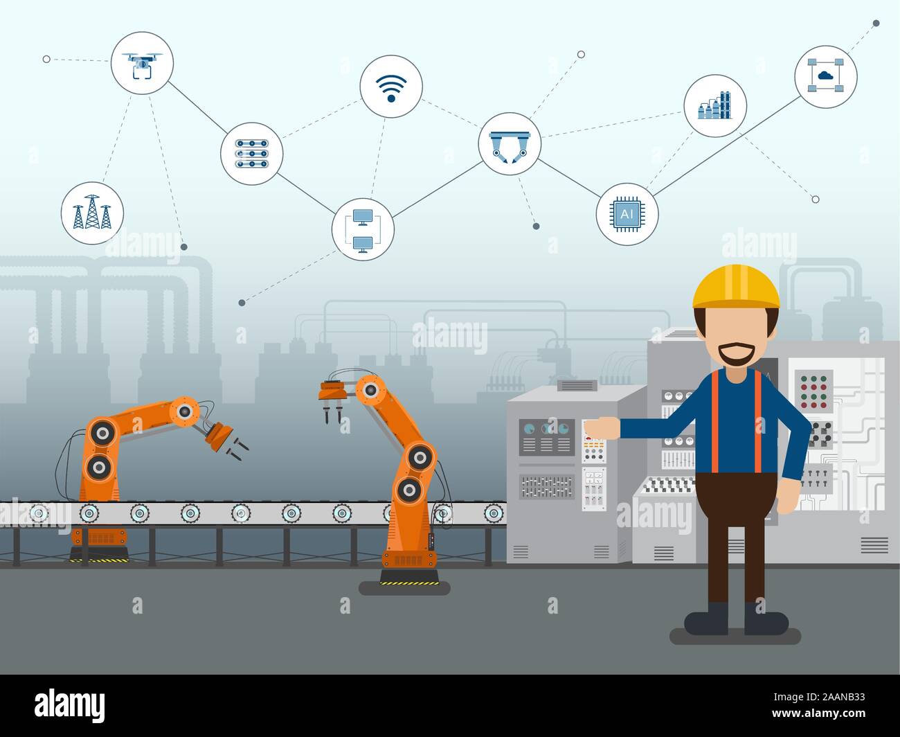 Automation industry concept with robots and workers flat design vector ...