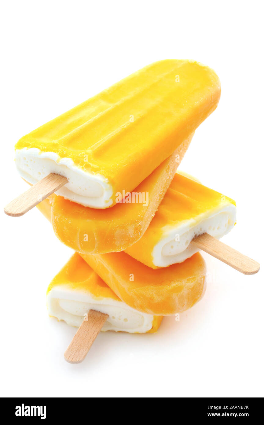 Yellow Popsicles In A Stack Isolated On White Stock Photo - Alamy